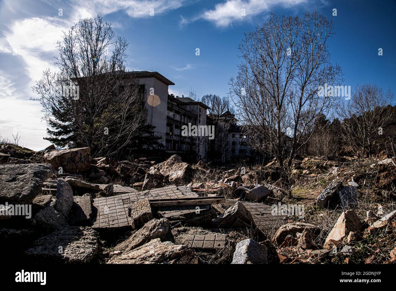 Interior and exterior of an old tuberculosis hospital located on a ...