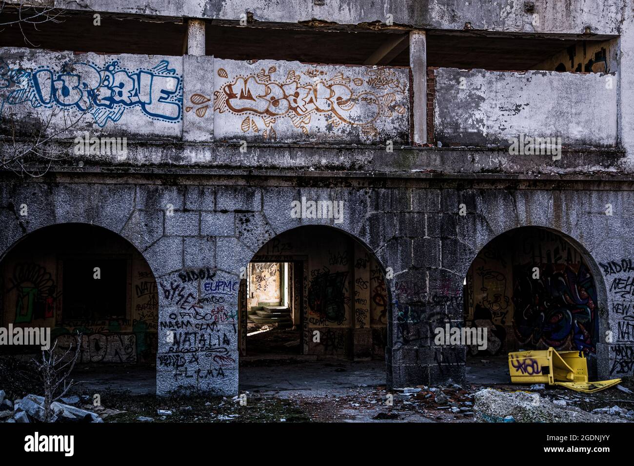 Interior and exterior of an old tuberculosis hospital located on a ...