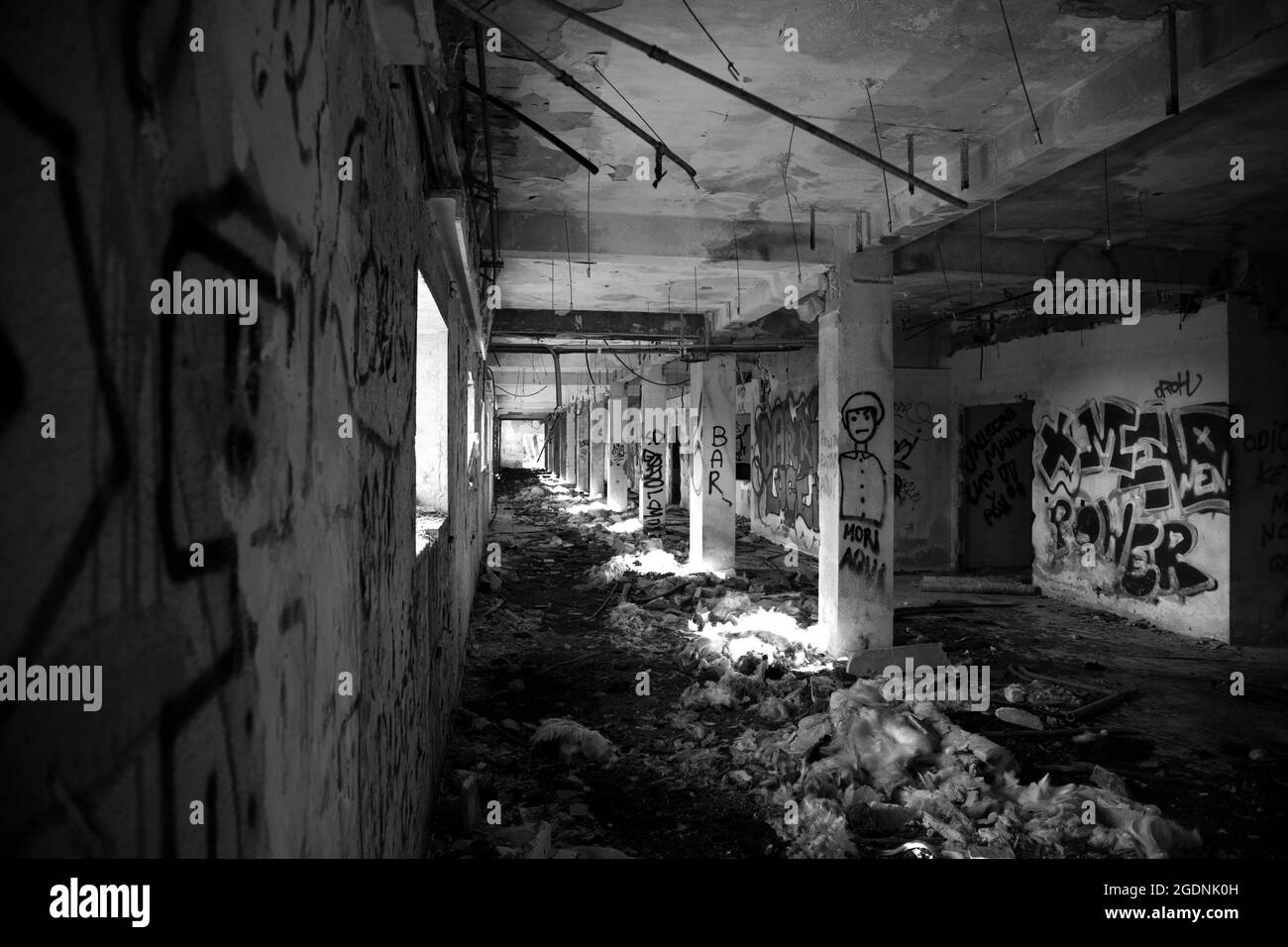 Interior and exterior of an old tuberculosis hospital located on a ...