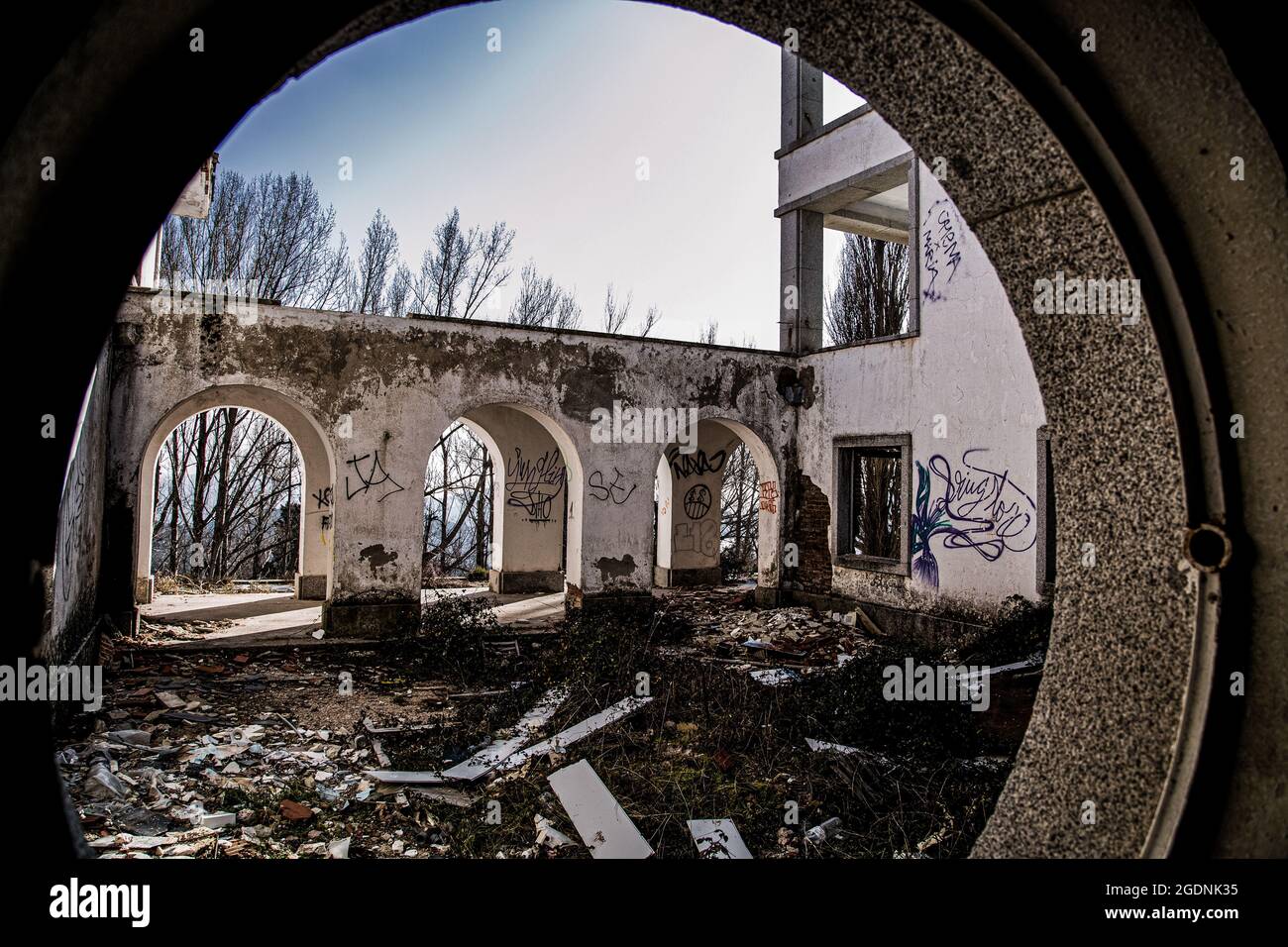 Interior and exterior of an old tuberculosis hospital located on a ...