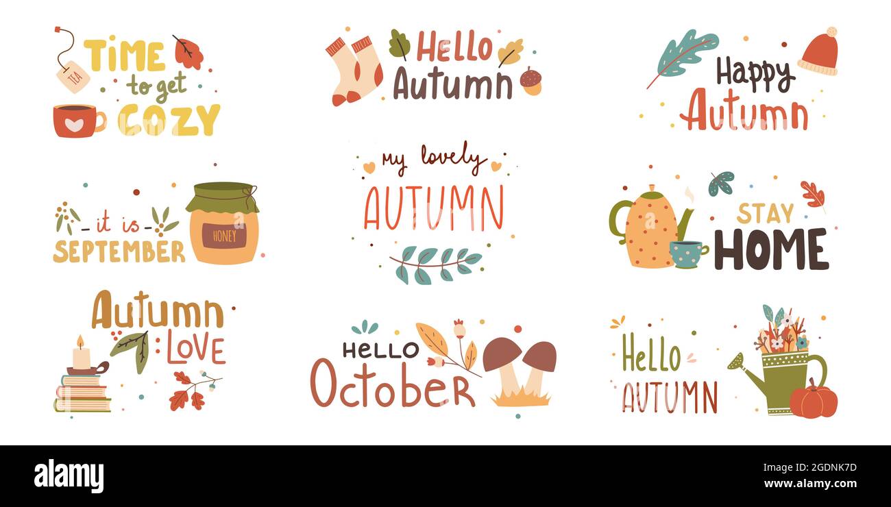 Autumn phrases with cute and cozy design elements decorative bundle ...