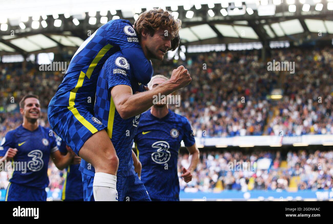 London, England, 14th August 2021. Marcos Alonso of Chelsea celebrates ...