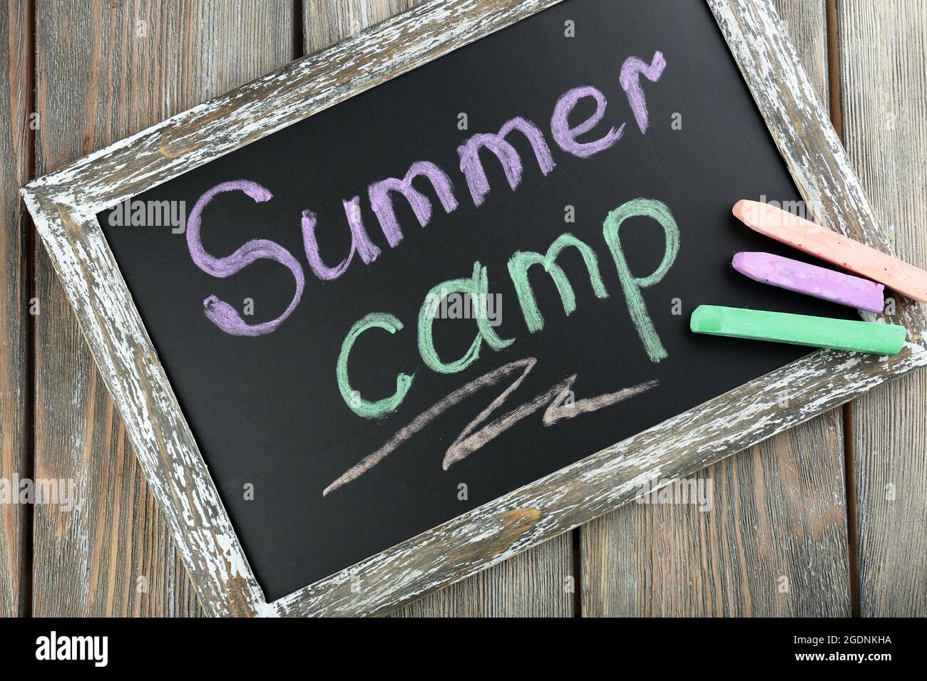 Text Summer camp written with chalk on chalkboard, and some chalk ...