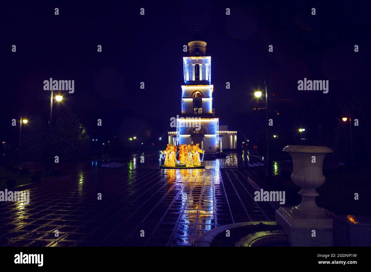 Bell tower in the night . Chisinau downtown in the nighttime . Moldova ...