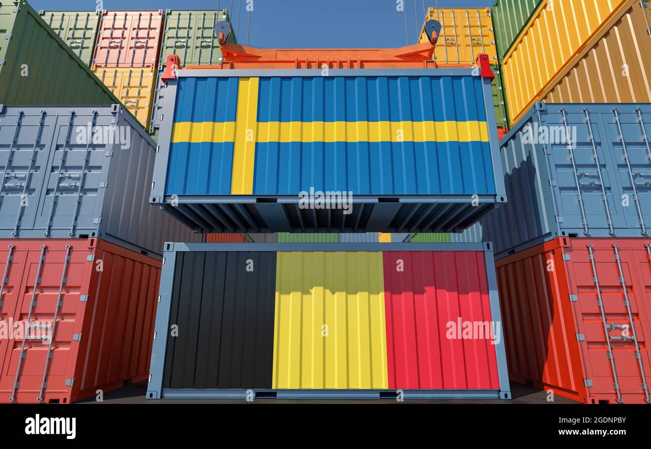 Freight containers with Sweden and Belgium national flags. 3D Rendering ...