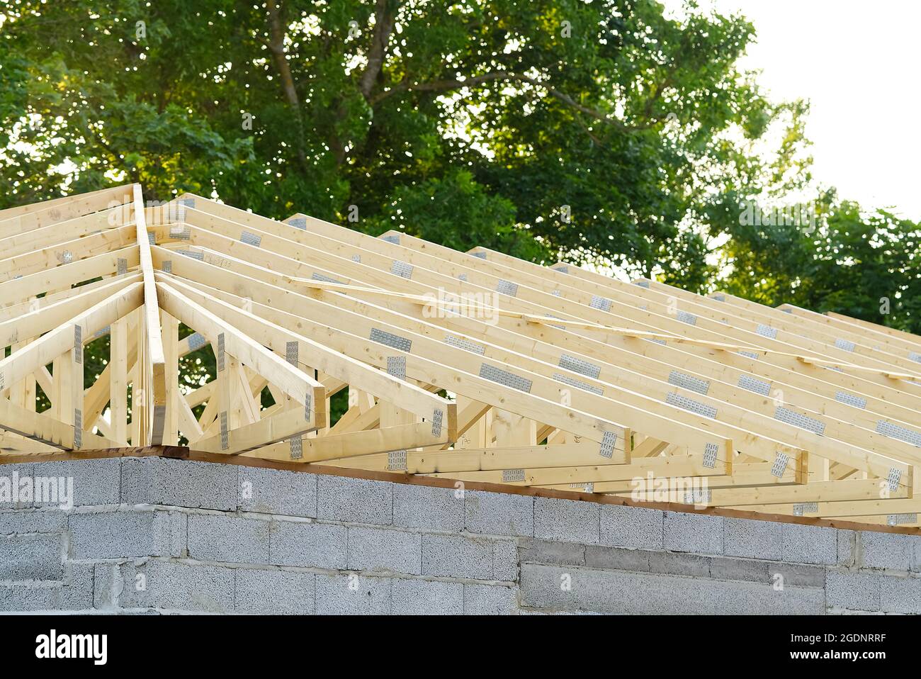 Wooden frame roof construction for a new domestic house. residential ...