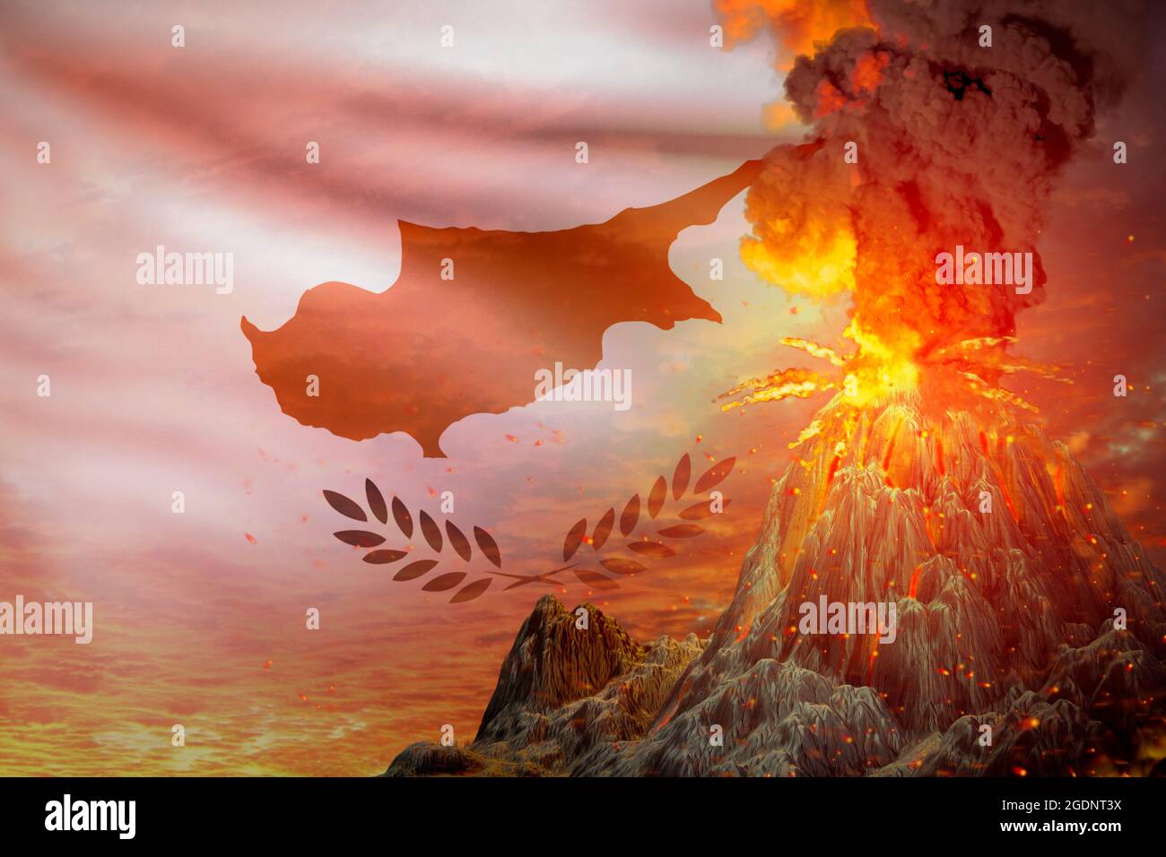 high volcano eruption at night with explosion on Cyprus flag background ...