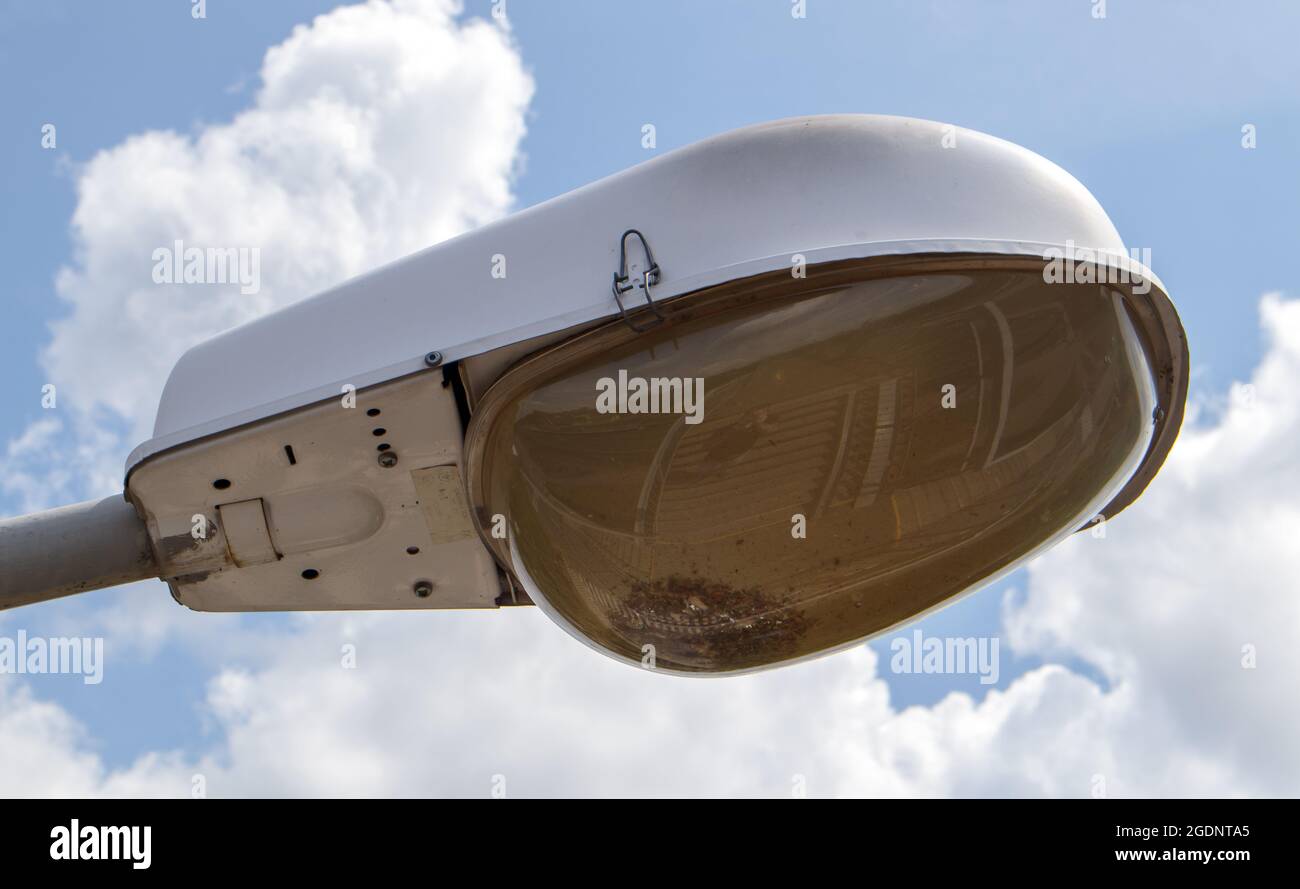 Street lamp close up. Big street lights at a big highway interchange ...