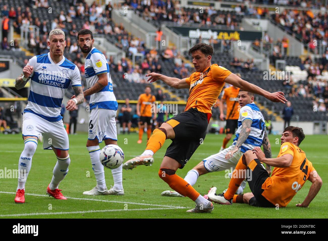 Alfie Jones #5 of Hull City takes a shot at goal in, on 8/14/2021 ...