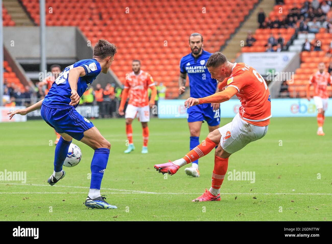 Jerry Yates #9 of Blackpool shoots on goal, saved Stock Photo - Alamy