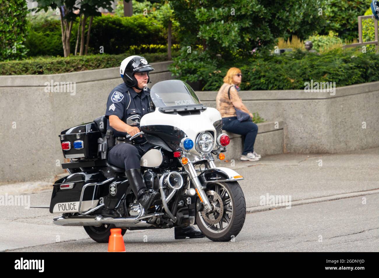police motorcycle and cop at BLM and Anti Trump protest march in ...
