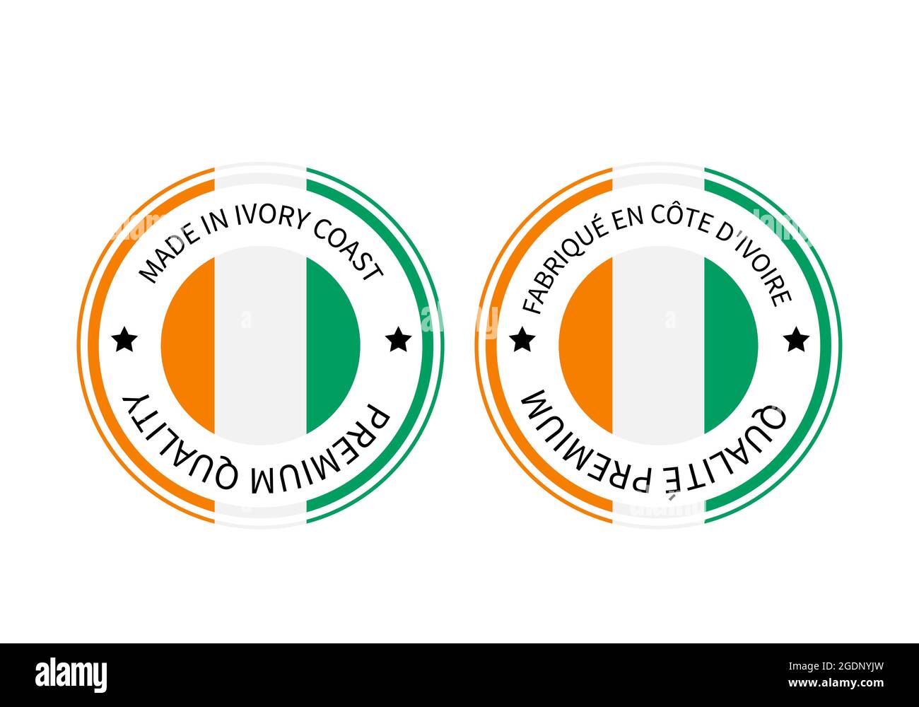 Made in Ivory Coast round labels in English and in French languages ...