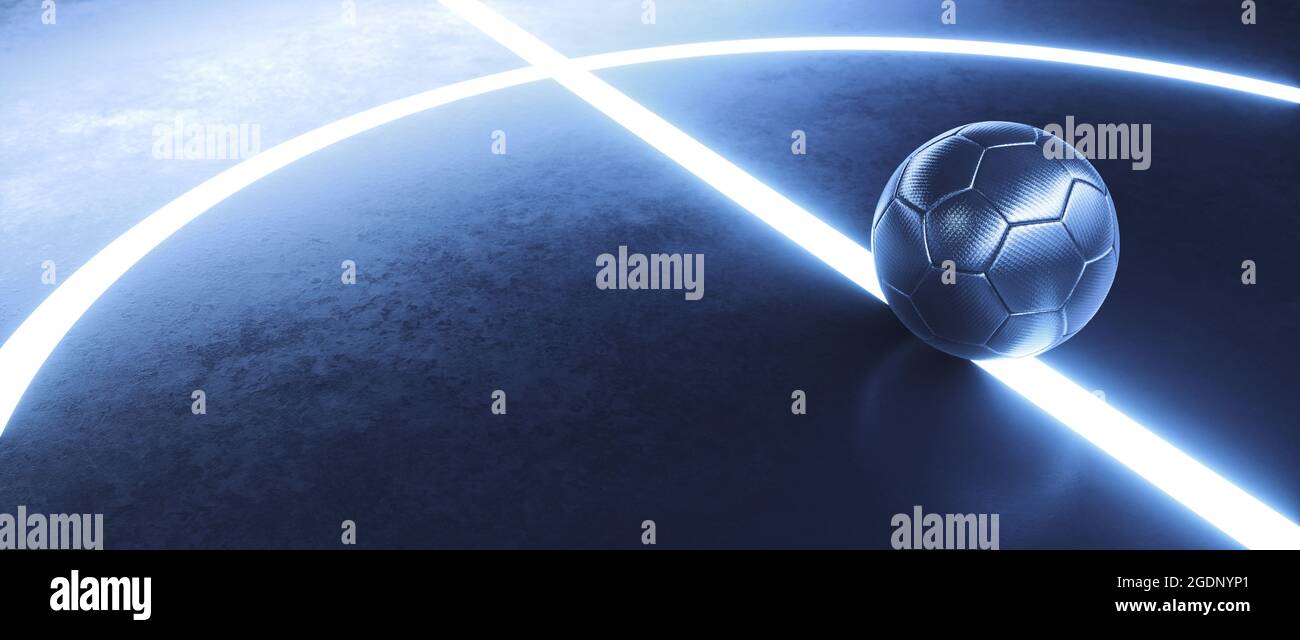 Blue futsal ball in the center of a futuristic indoor soccer field with ...