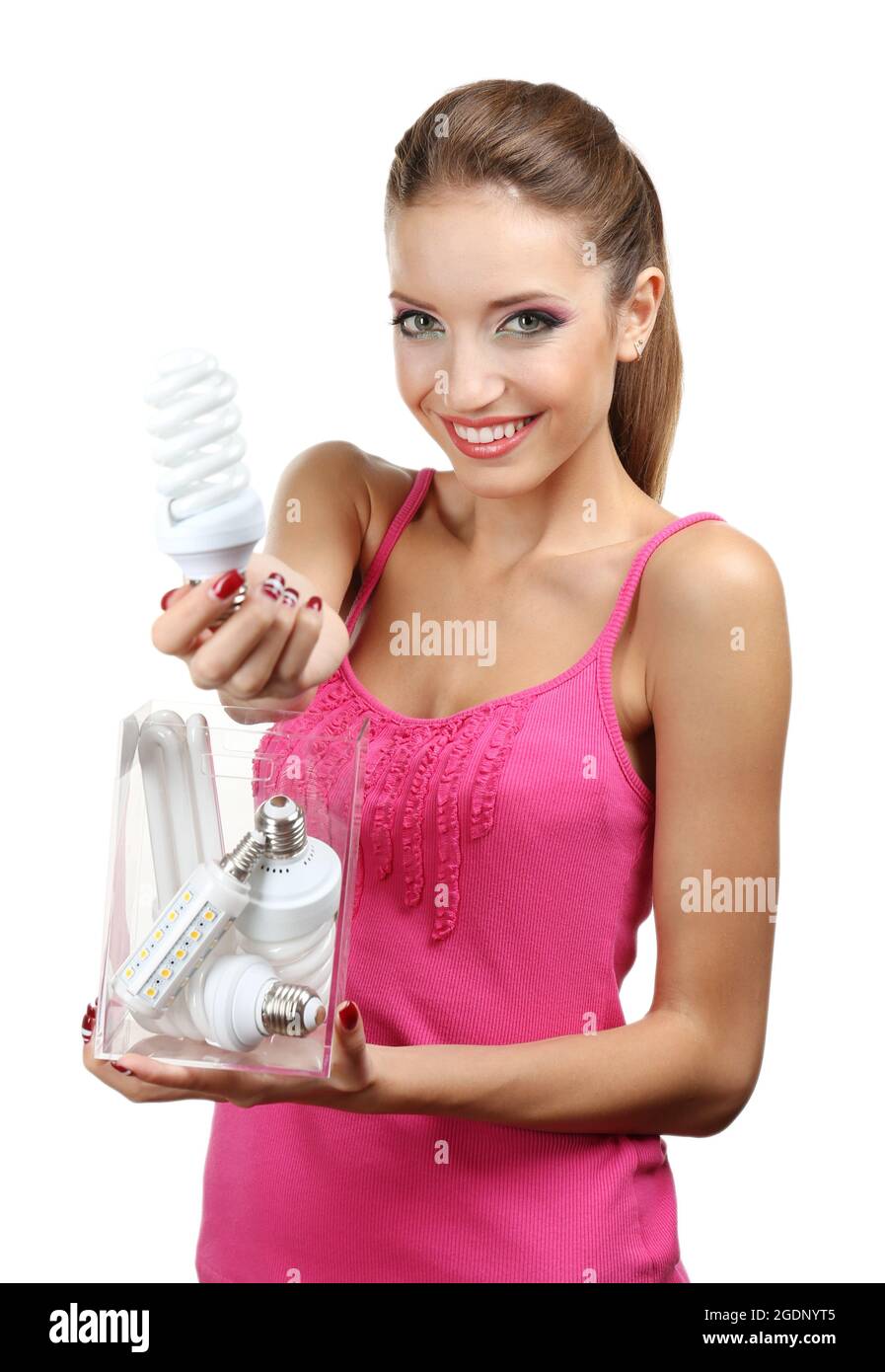 Young girl sorting lamps isolated on white Stock Photo - Alamy