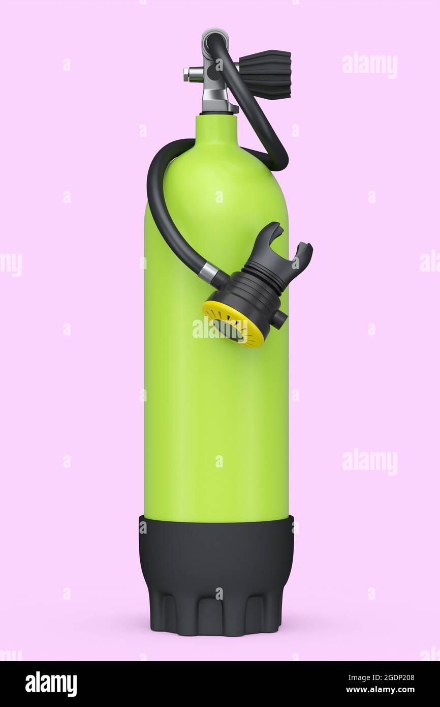 Green diving tank full oxygen for snorkeling isolated on a pink ...