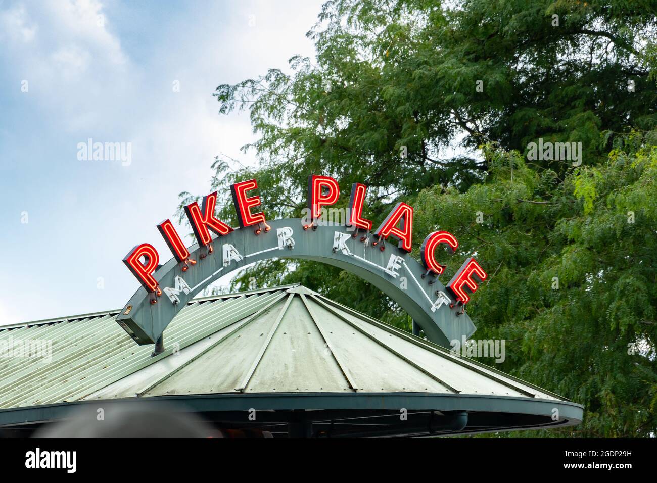 illuminated neon Pike Place sign in downtown Seattle, USA Stock Photo ...