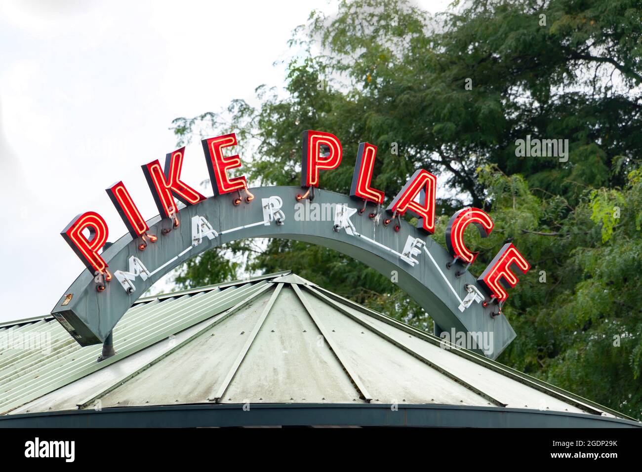 illuminated neon Pike Place sign in downtown Seattle, USA Stock Photo ...