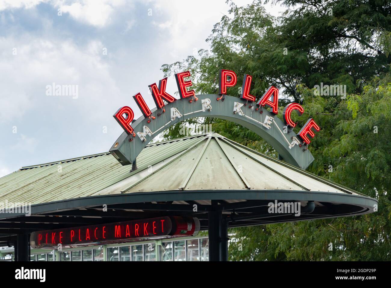 illuminated neon Pike Place sign in downtown Seattle, USA Stock Photo ...
