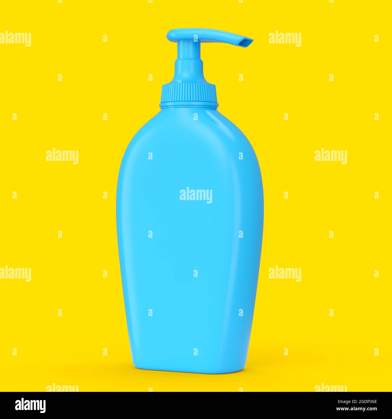 Blue sunscreens bottle or sunblock cream tube isolated on yellow ...