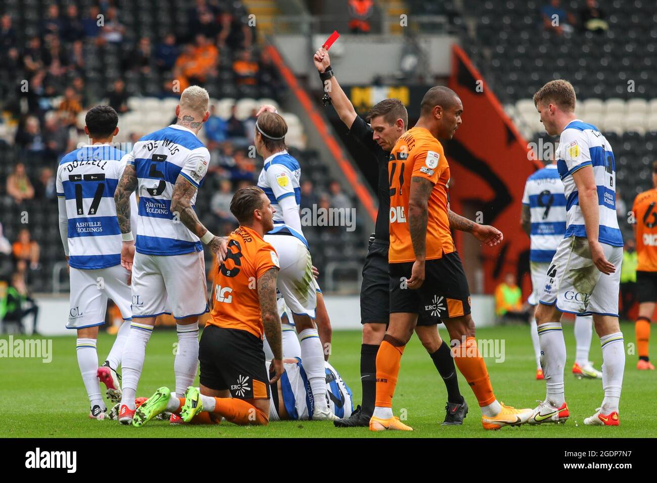 George Moncur #18 of Hull City is shown the red card for a late tackle ...