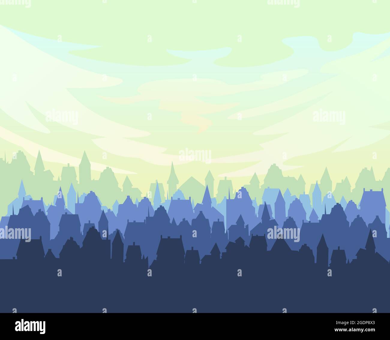 Small town streets silhouette. Roofs of houses.Clouds. Country ...