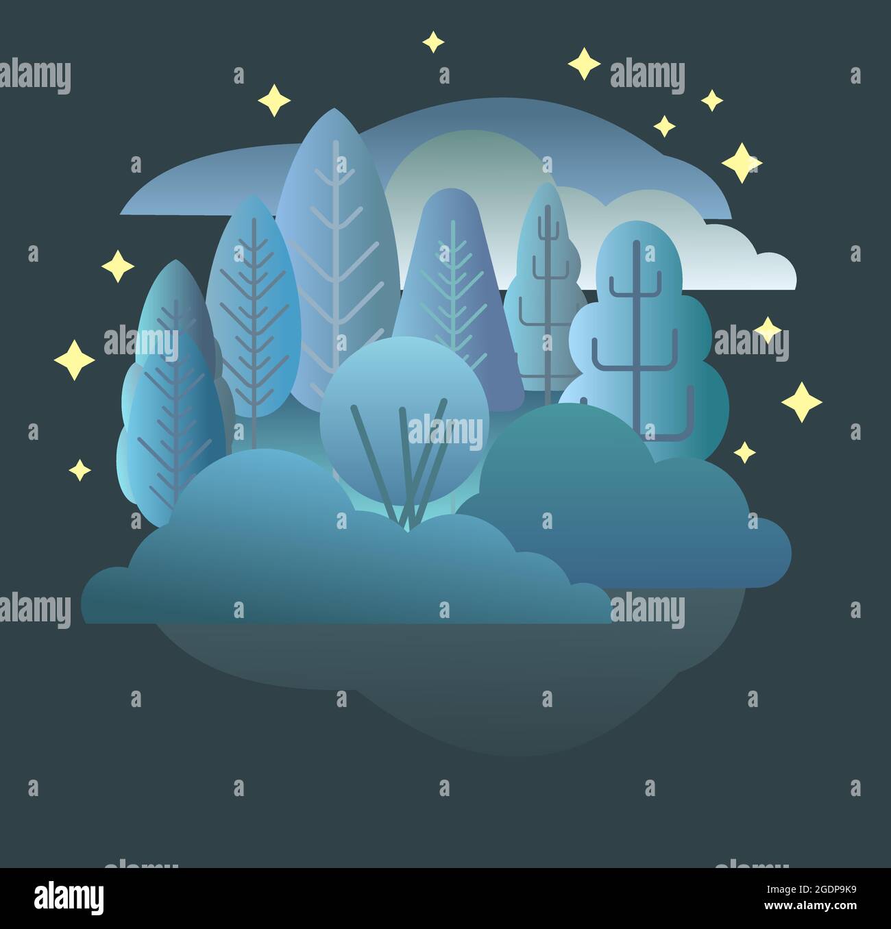 Night forest. Starry sky. Summer landscape. Flat style. Vector Stock ...