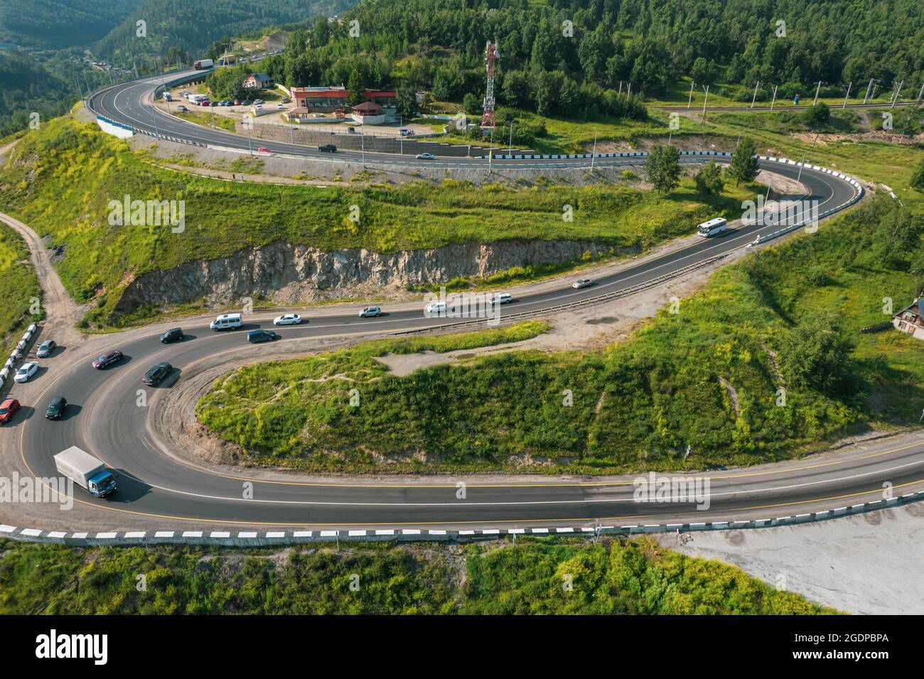 The Baikal serpentine road - aerial view of natural mountain valley ...