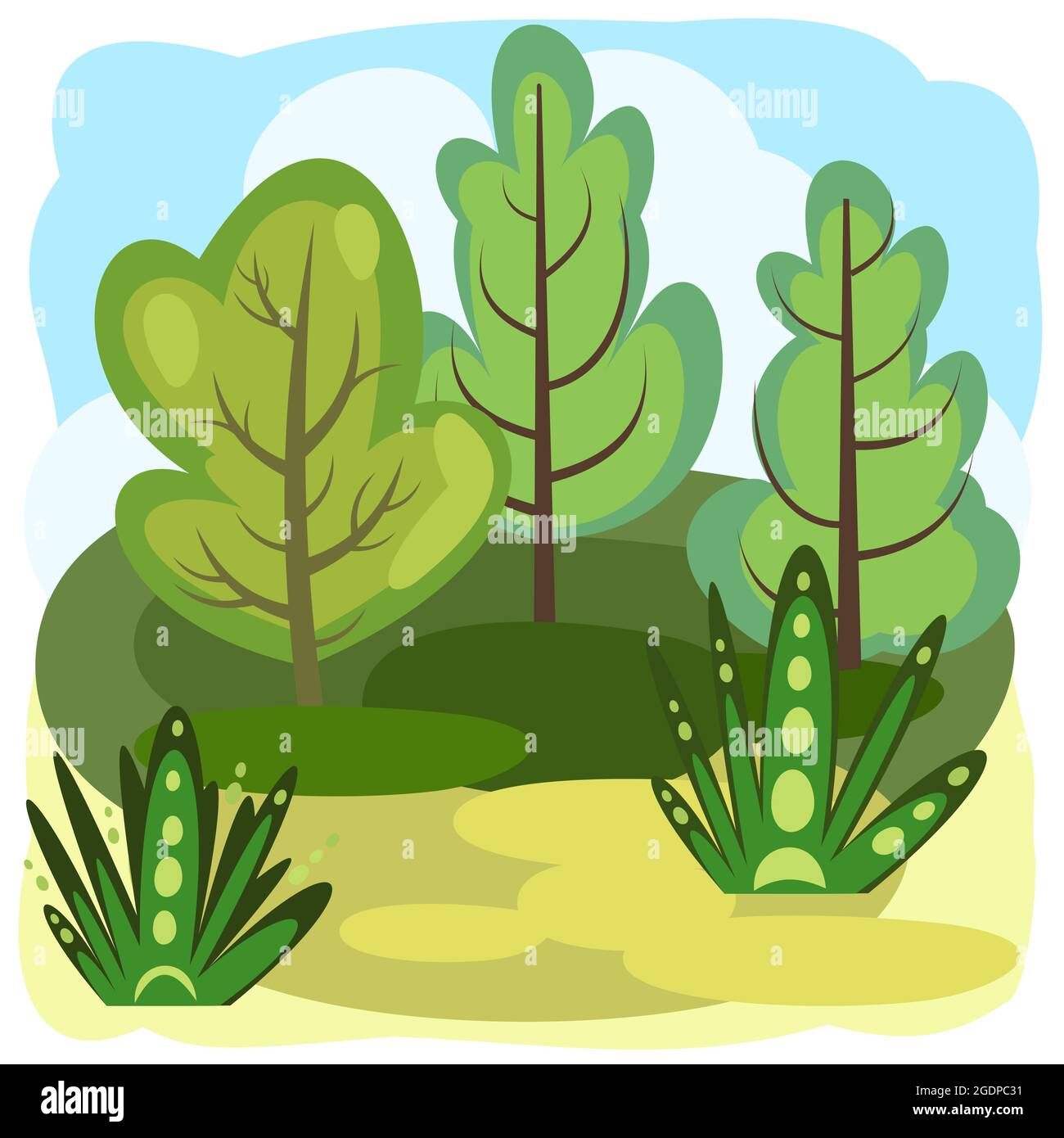Flat forest. Illustration in a simple symbolic style. Funny green ...