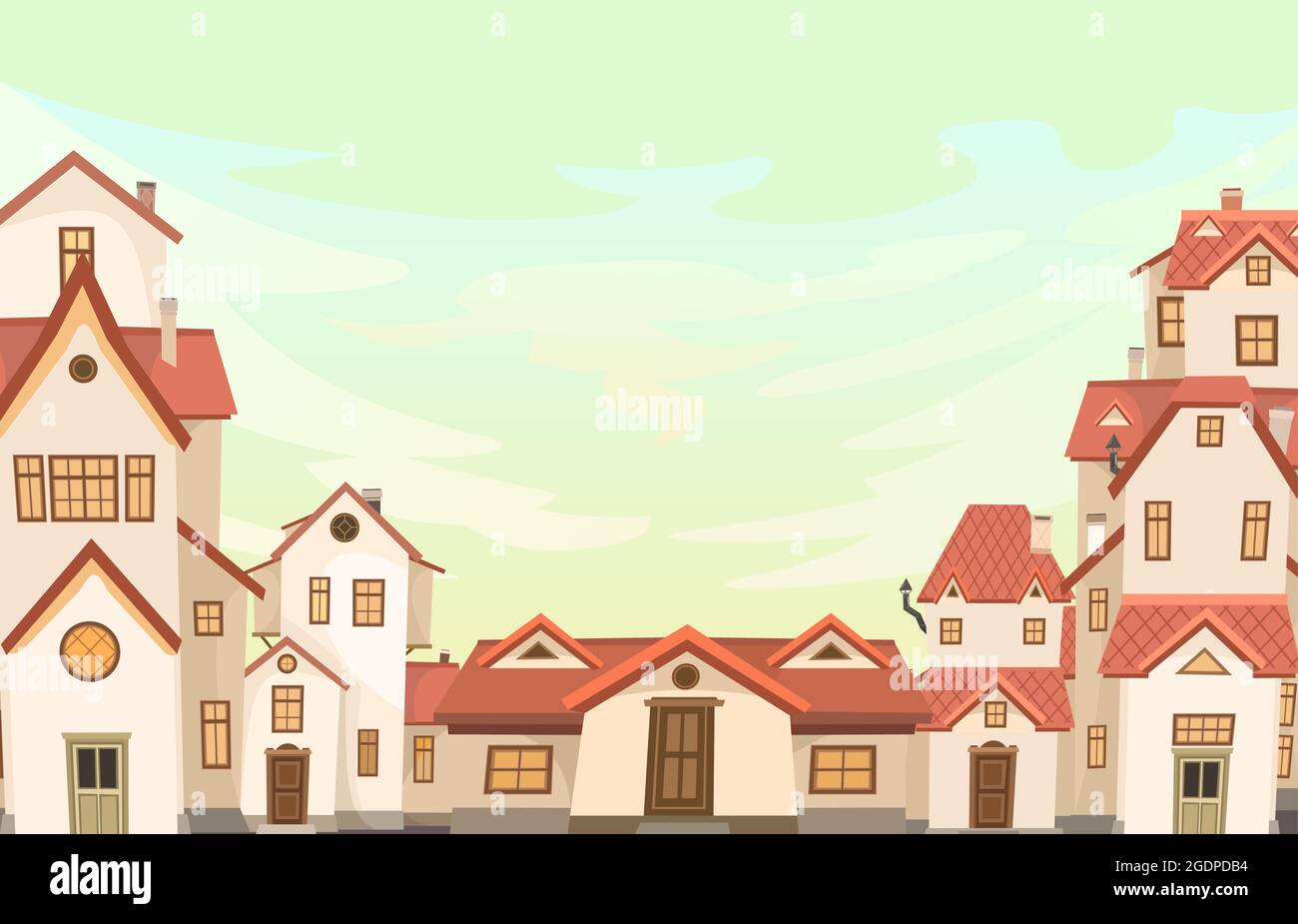Cartoon houses in the evening. Village or town. Frame. A beautiful ...