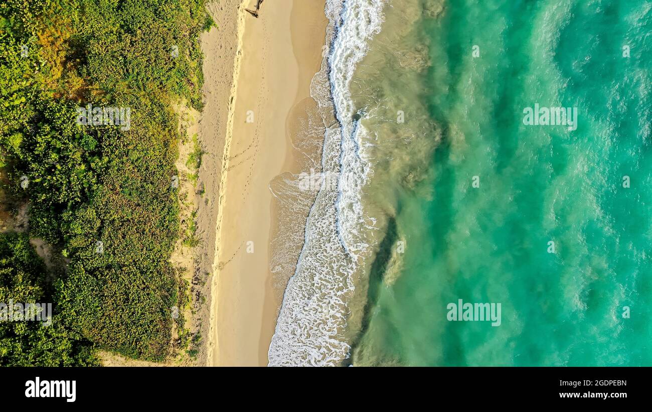 Overhead shot of the coastline with golden sands and azure seawater ...