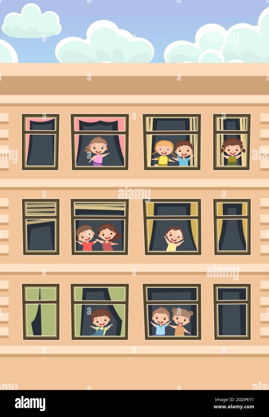 House windows. Children are having fun. Day. Cartoon style school ...