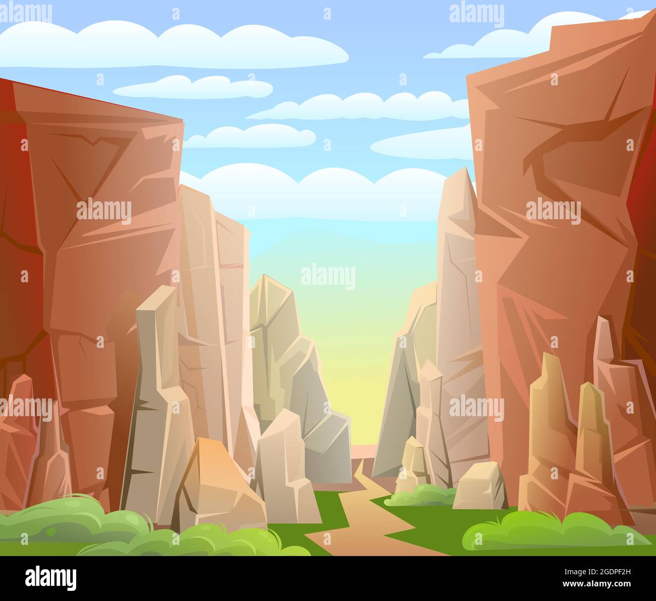 Rocky mountain gorge. Grass and road. Stone rocky landscape. High peaks ...