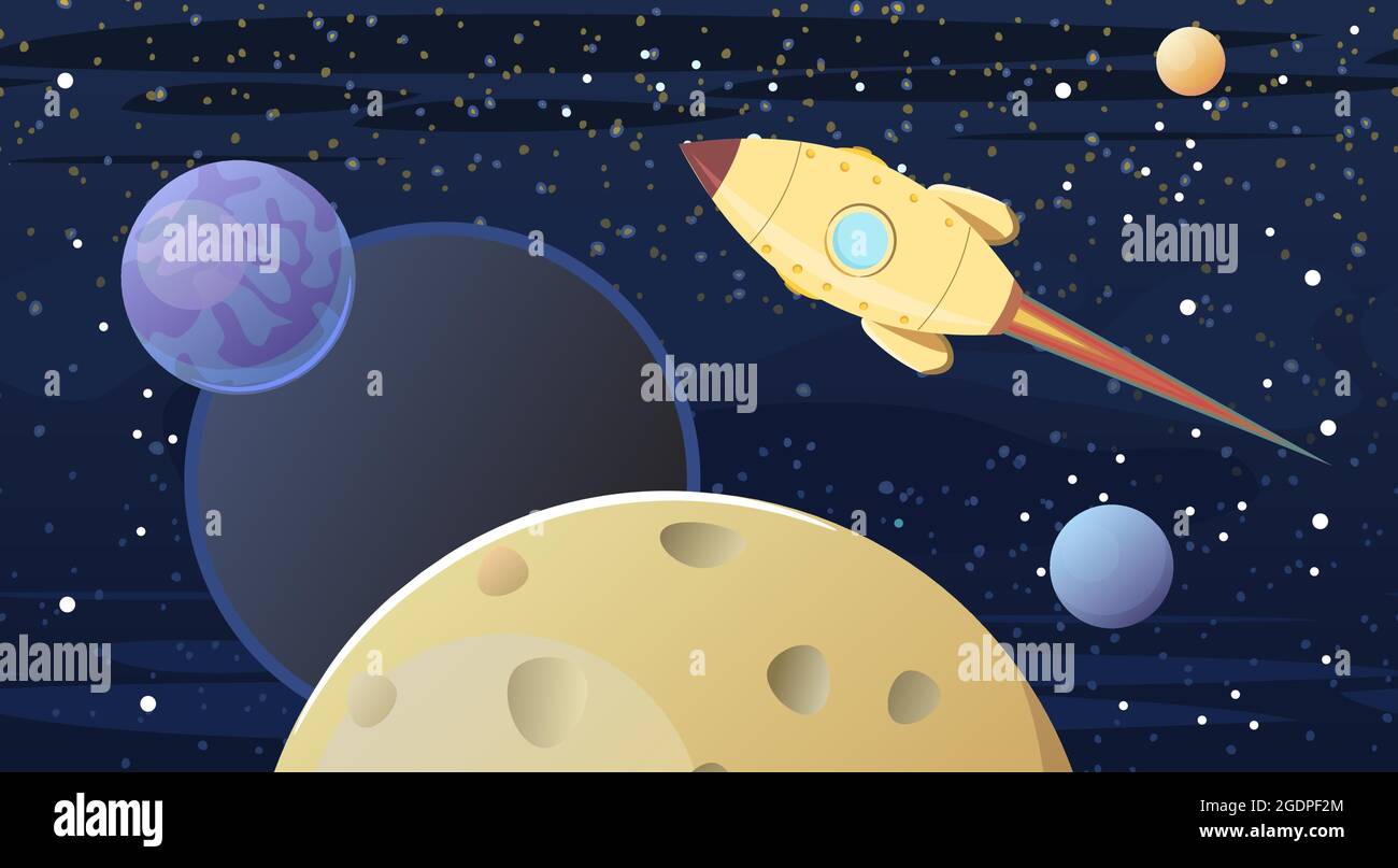 Cosmos background. The planets, their satellites and the rocket. Starry ...