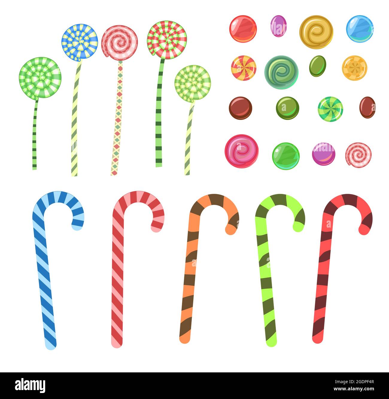 Set. Assorted dessert sweets. Candy caramel. Round lollipops stick and ...