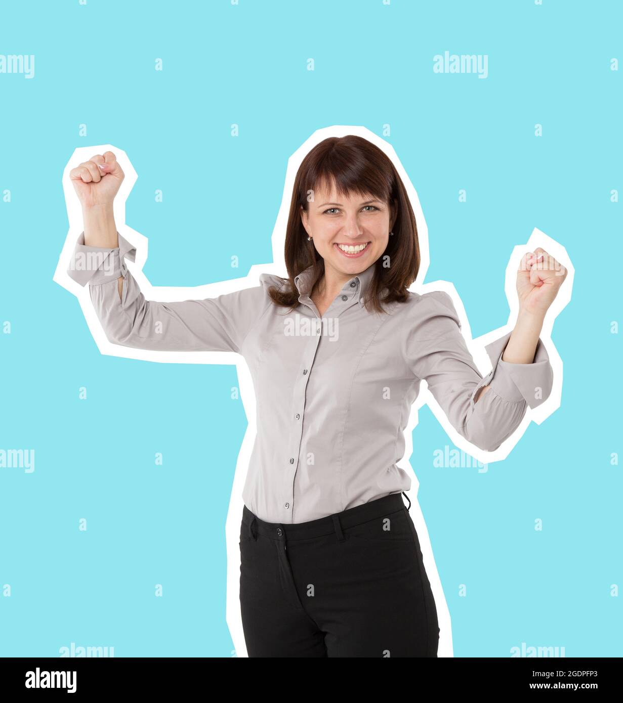 Smiling and excited young woman showing happiness and success. Magazine ...