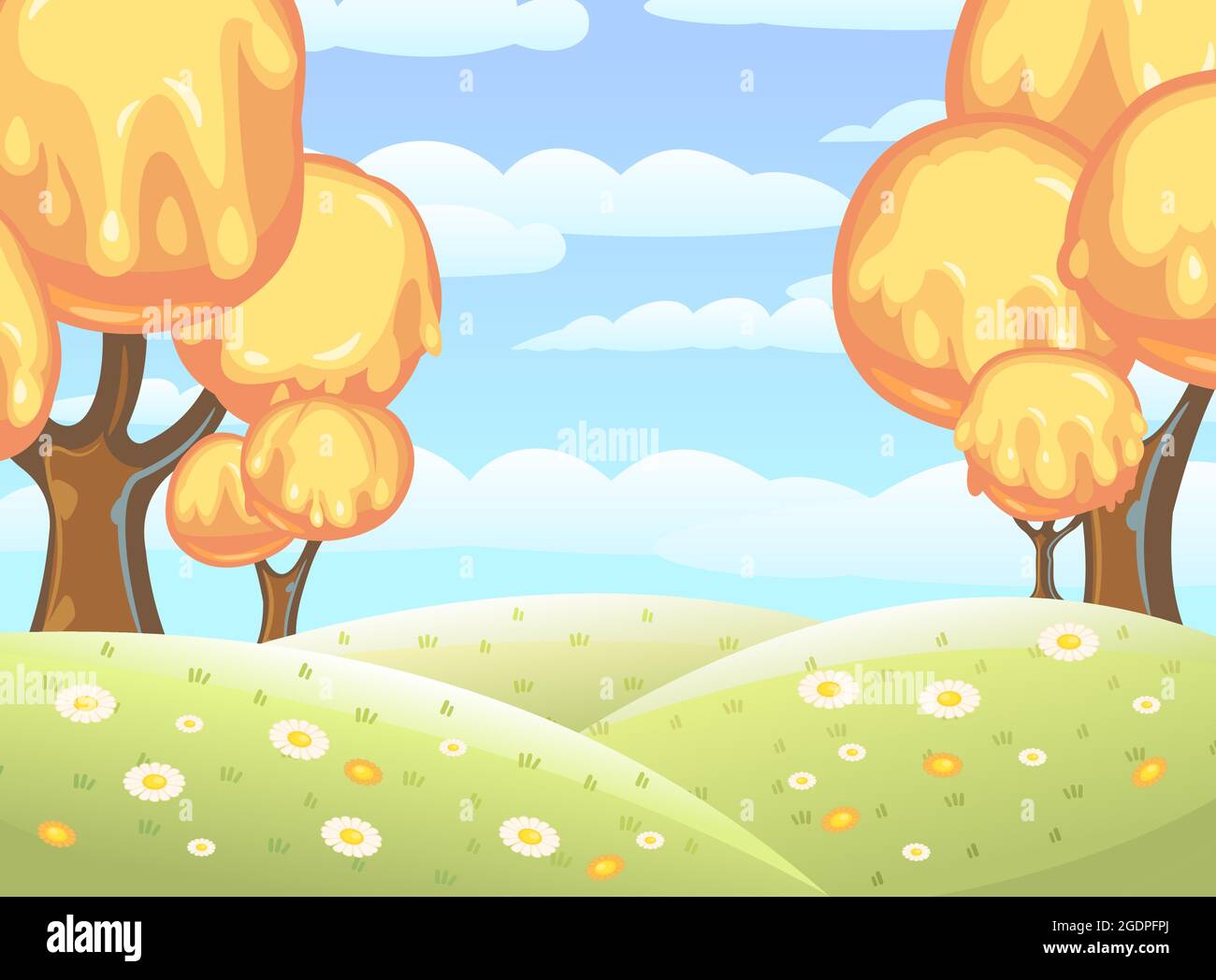 Fabulous sweet forest. Flows of yellow cream, jelly or caramel. Clouds ...
