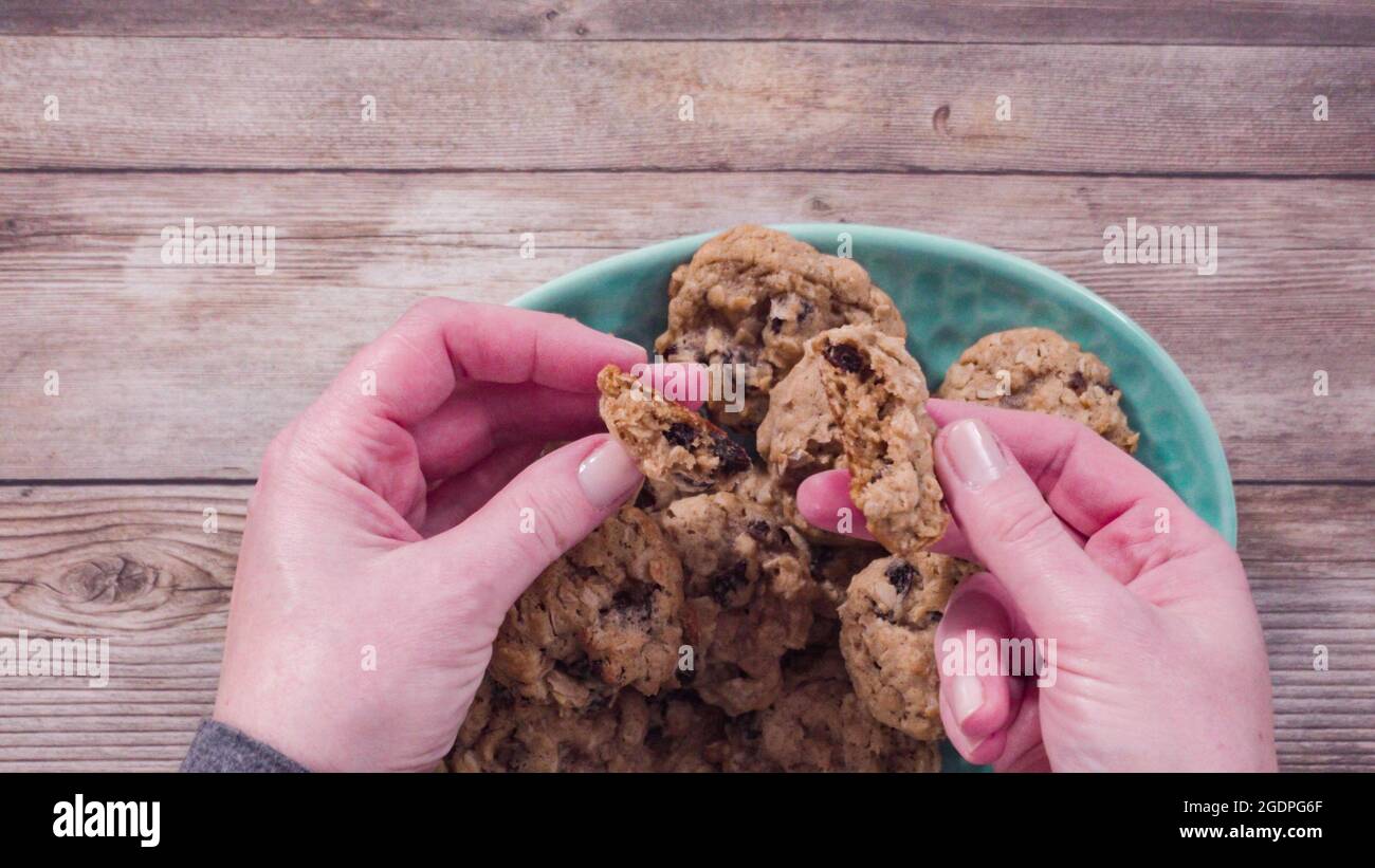 Step by step. Freshly baked chewy oatmeal raising cookies Stock Photo ...