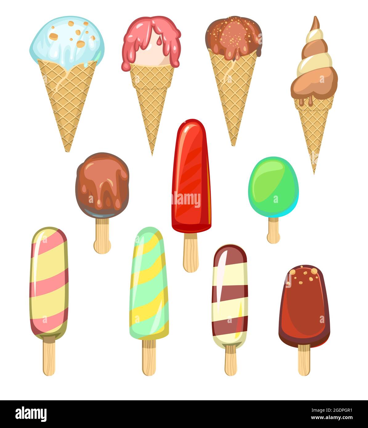 Ice cream set in a waffle cone, popsicle on a stick. Summer sweet dairy ...