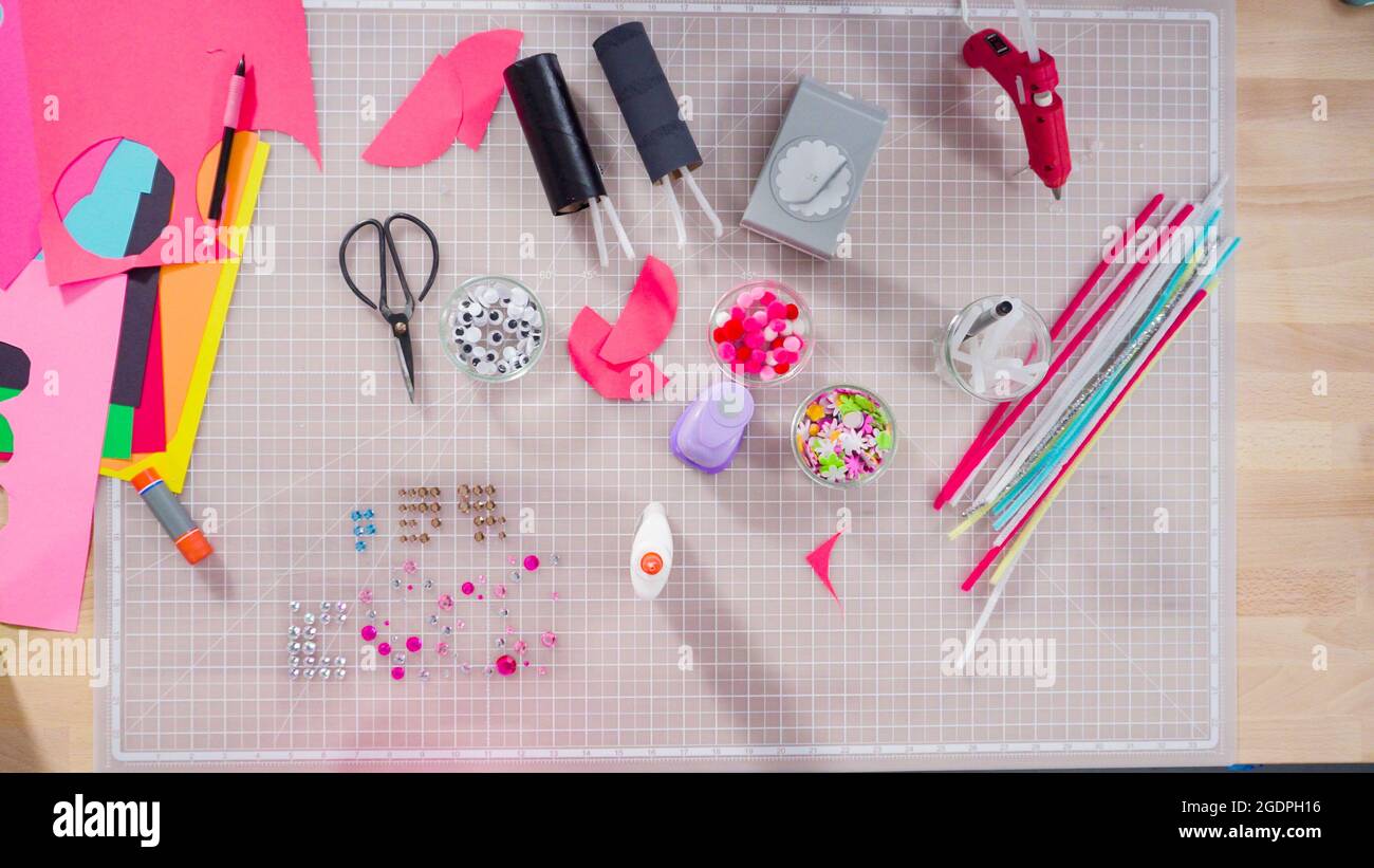 Flat lay. Kids papercraft. Making paper bugs out of the empty toilet ...