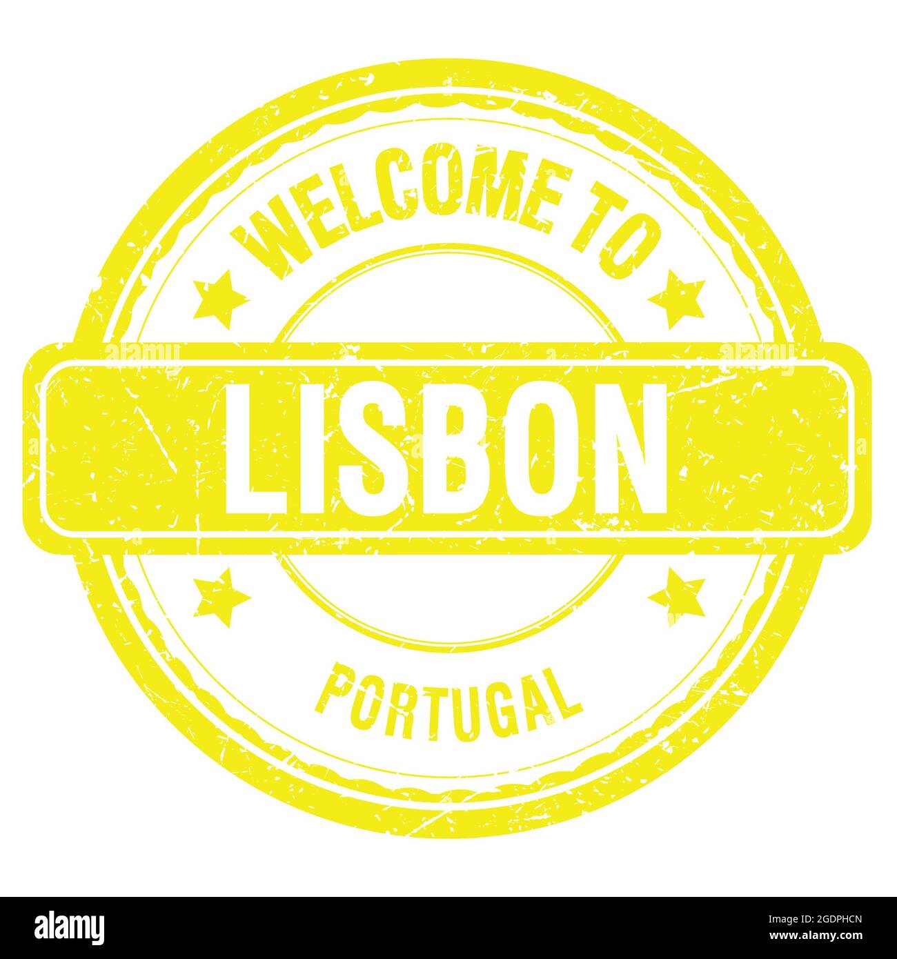 WELCOME TO LISBON - PORTUGAL, words written on yellow grungy stamp ...