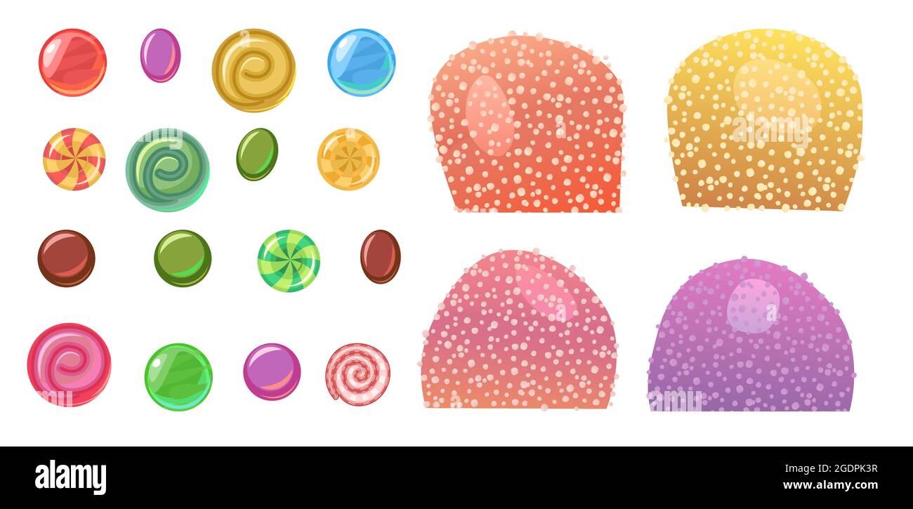 Set. Assorted dessert sweets. Candy caramel. Marmalade in sugar. Round ...