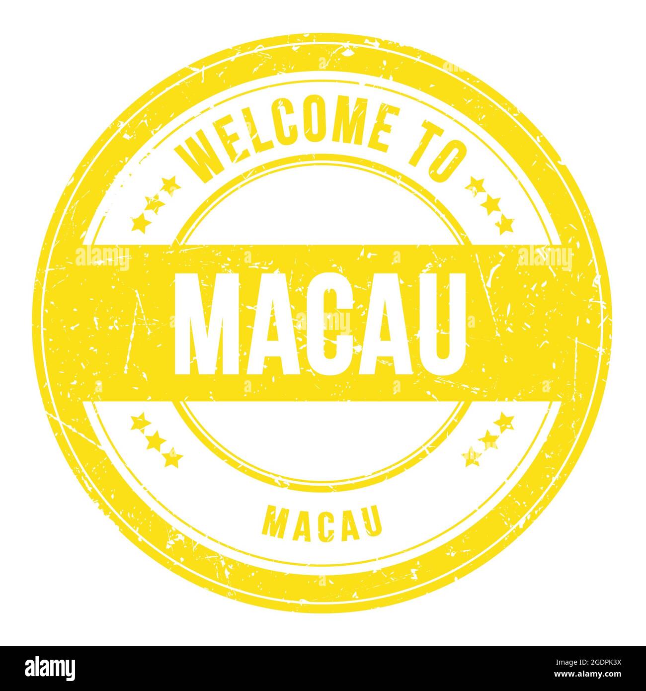 WELCOME TO MACAU - MACAU, words written on yellow round coin stamp ...