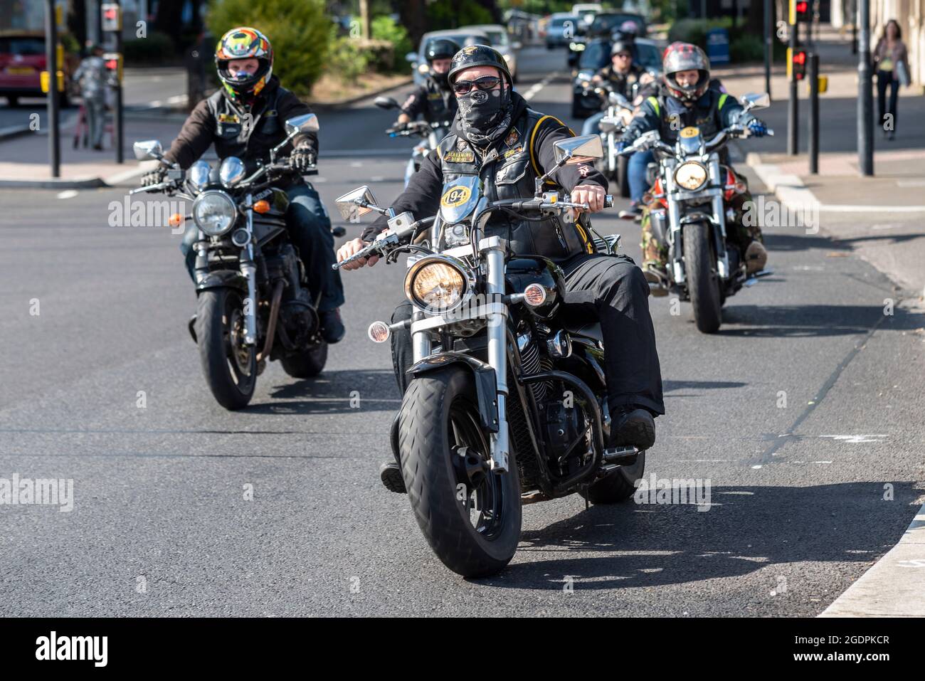 Bikers of the Screaming Demons motorcycle club arriving in Southend on ...