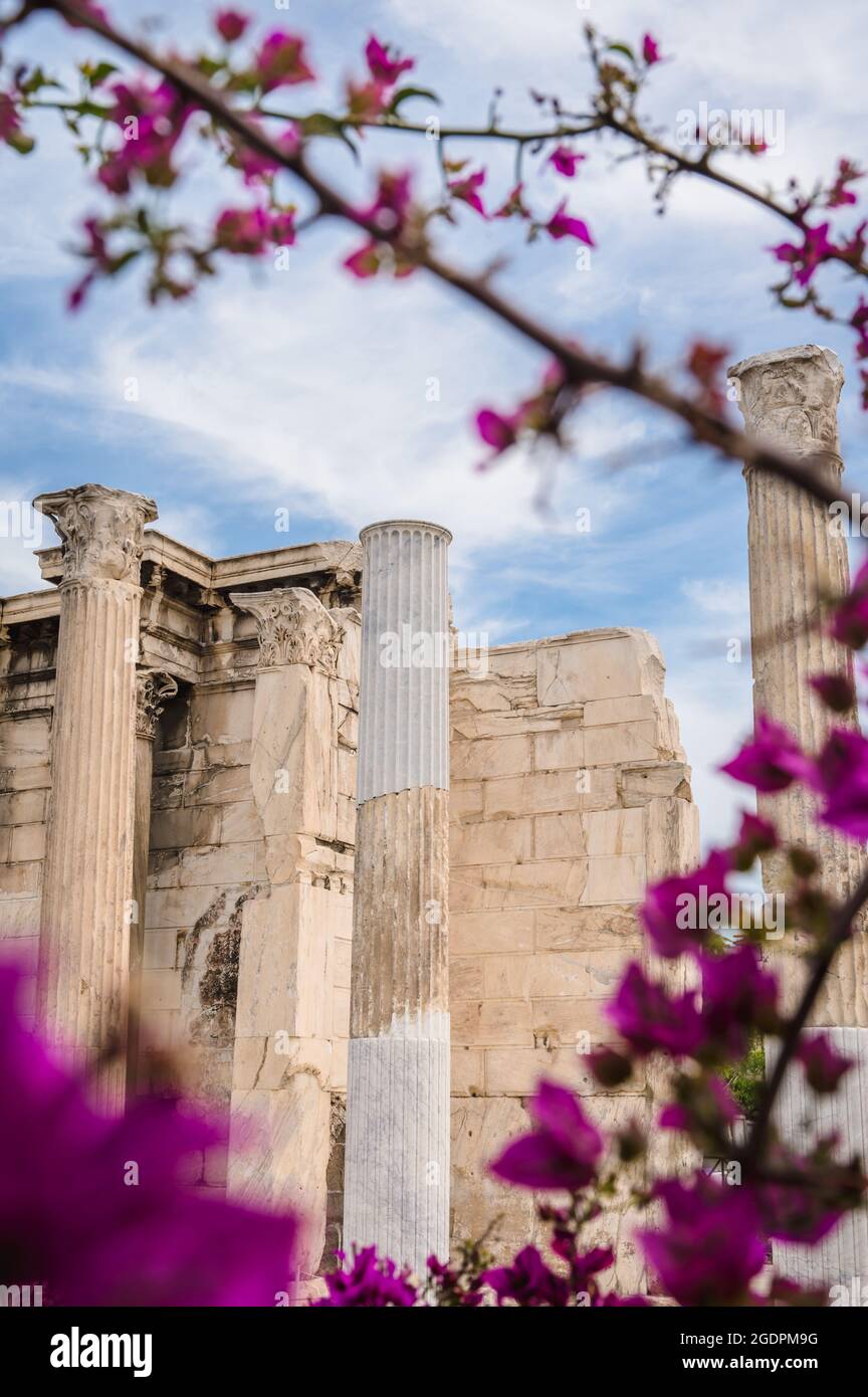 Hadrian's Library in Athens, Greece. View of wall and columns framed ...
