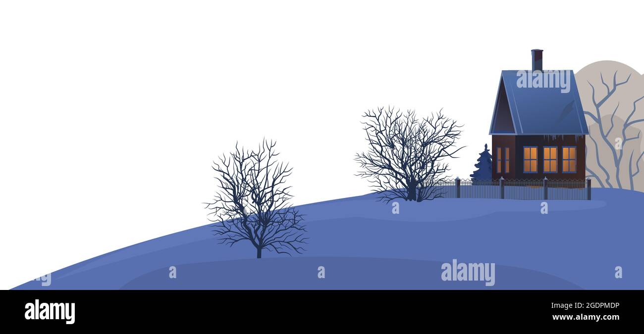 Rural small house in winter. Landscape. Christmas night. Quiet winter ...