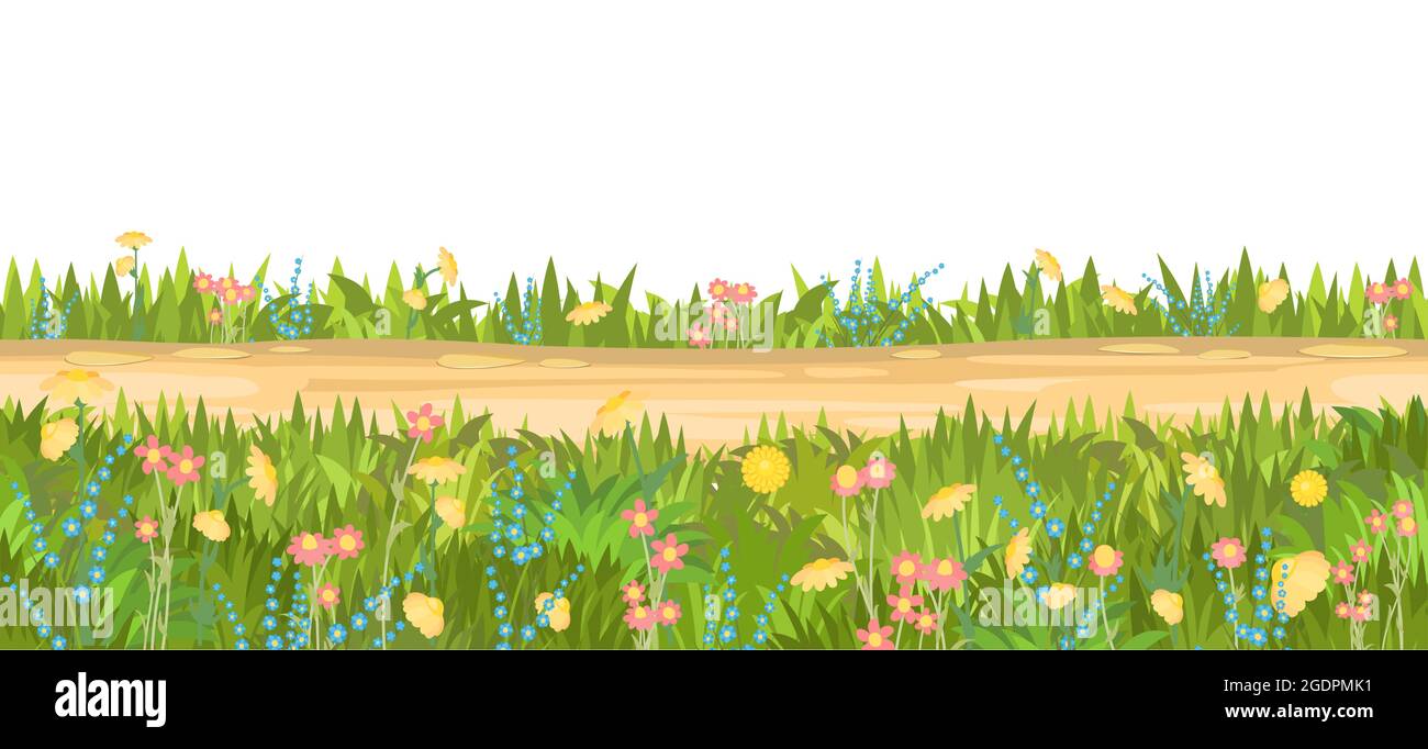 Seamless sand road. Horizontal border composition. Summer meadow ...