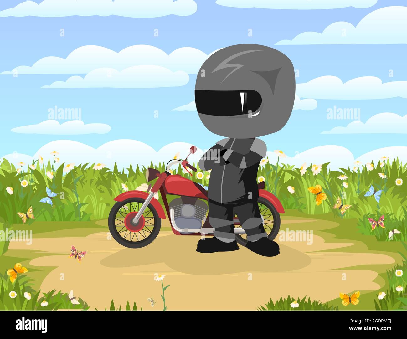 Biker cartoon. Child illustration. In meadow. Sports uniform and helmet ...