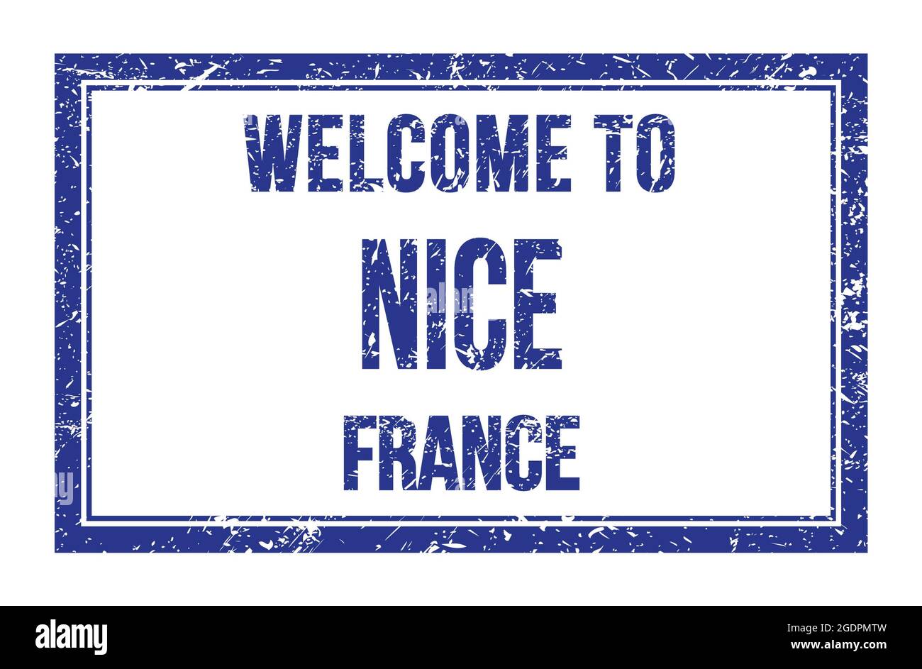 WELCOME TO NICE - FRANCE, words written on blue rectangle post stamp ...