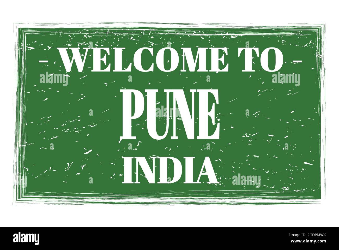 WELCOME TO PUNE - INDIA, words written on green rectangle post stamp ...