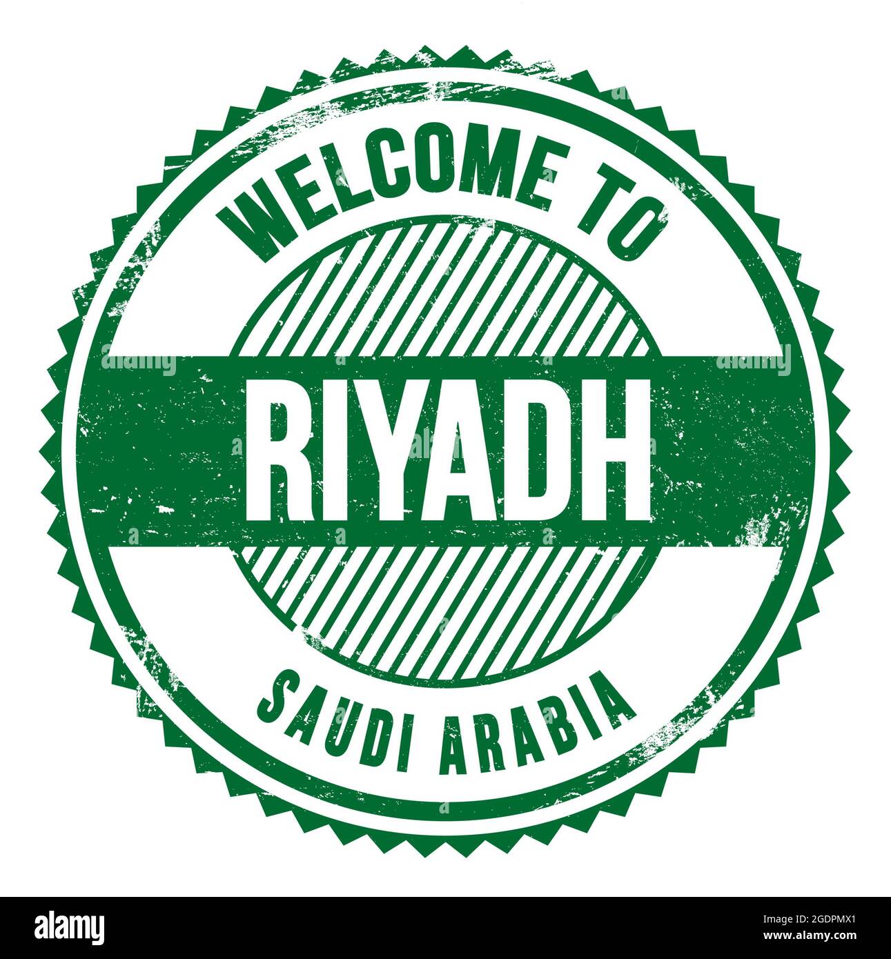 WELCOME TO RIYADH - SAUDI ARABIA, words written on green zig zag stamp ...